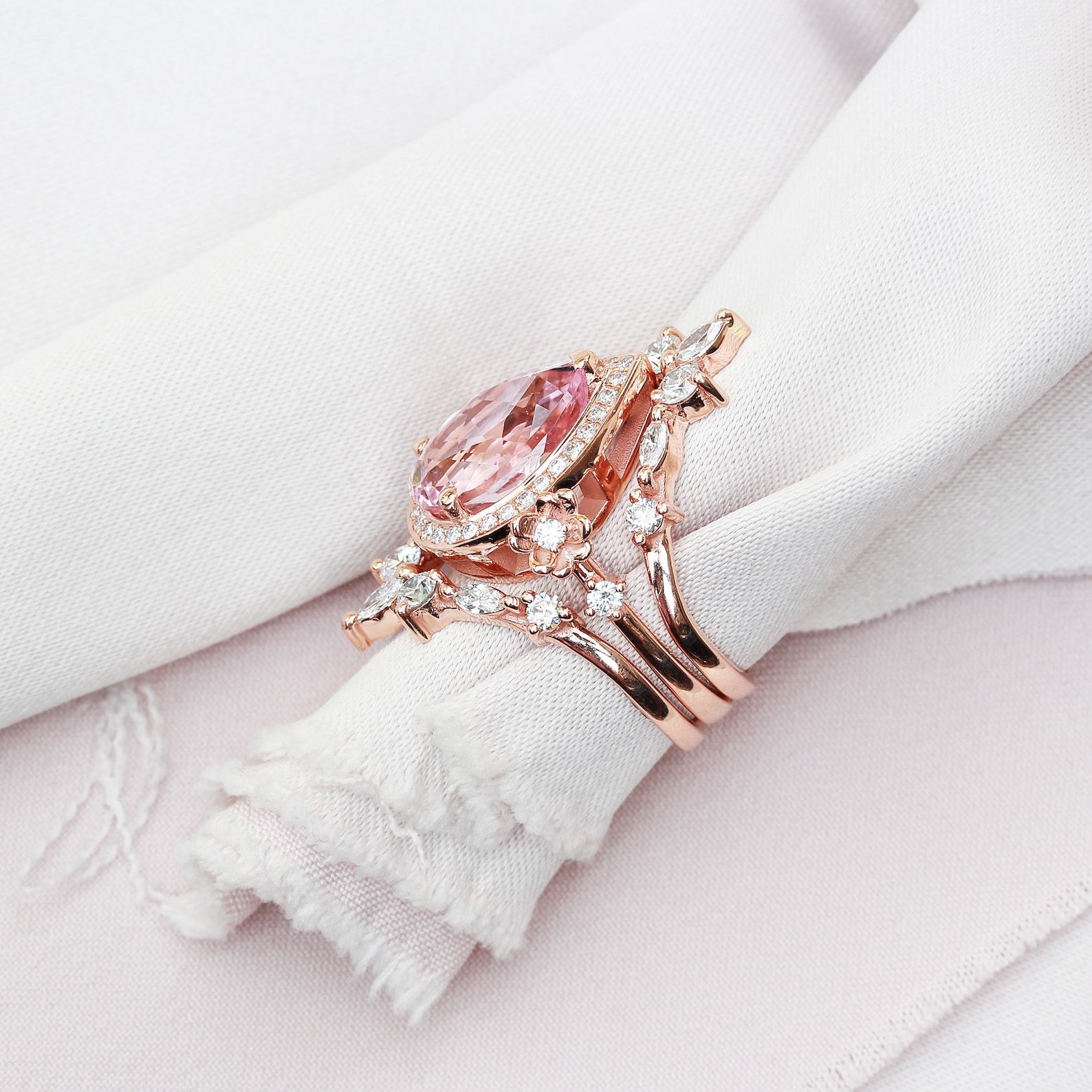 Big Pear Morganite and Diamonds Rings Set With 2 Nesting Rings Vintage ...
