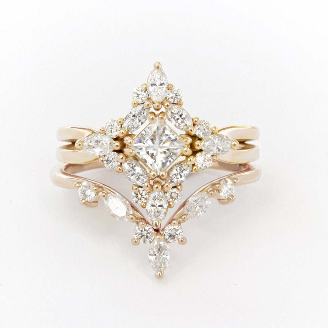 Square Diamond Wedding Rings Set, Unique Engagement Rings, Princess Cut ...