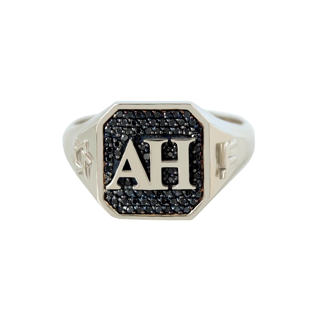 Personalized Men's Signet Ring With Black Diamonds, Signet Ring in 14k ...