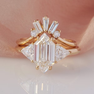 Elongated Hexagon Lab Diamond Ring, Three Stone Unique Engagement Ring ...