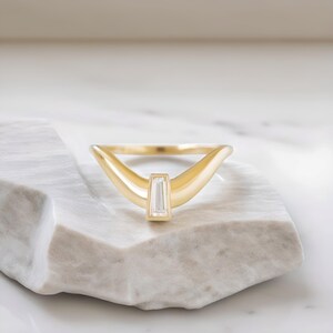 Taper Diamond Bezel Set, Chunky Gold Curve Statement Wedding Ring, 14K ...