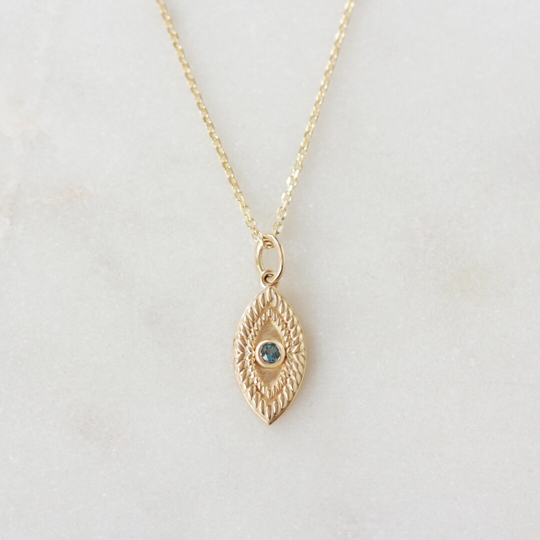 Evil Eye Protection Amulet Necklace, 14K Gold Blue Topaz Charm, Natural ...