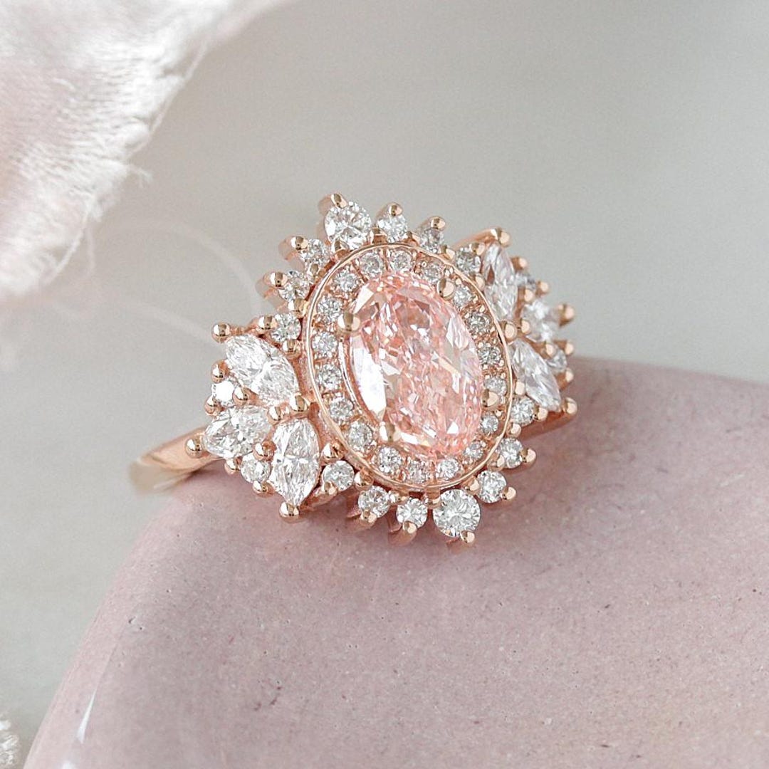 Oval Pink Lab Diamond 1CT With Double Halo Engagement Band "monaco" - Etsy