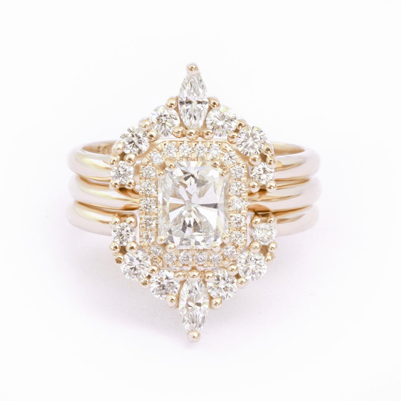 Radiant Diamond Wedding Three Ring Set Rectangle diamond | Etsy