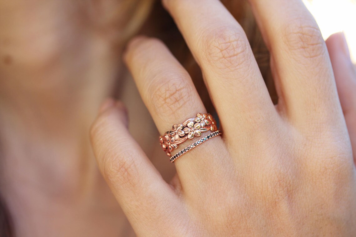 Floral Gold Wedding Band 14K Gold Band Ring Flower Wedding | Etsy
