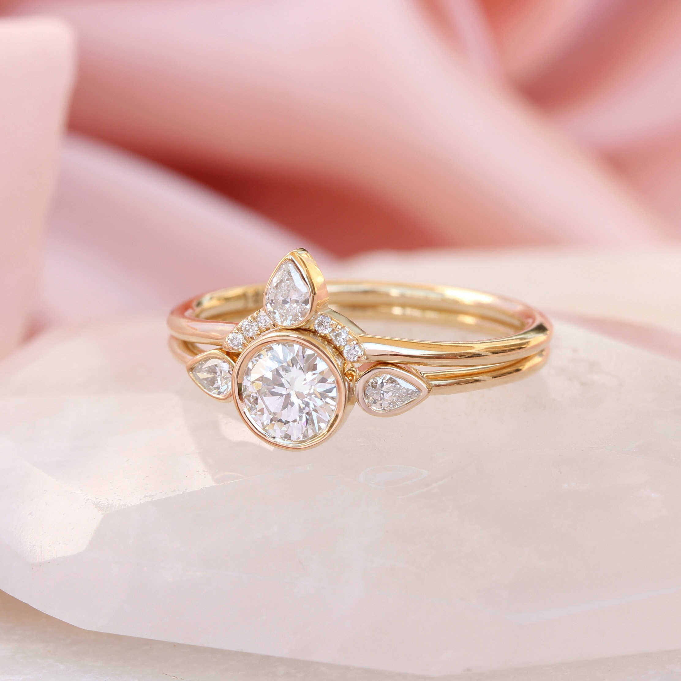 Three Stone Bezel Set Wedding Diamond Ring Set Unique | Etsy