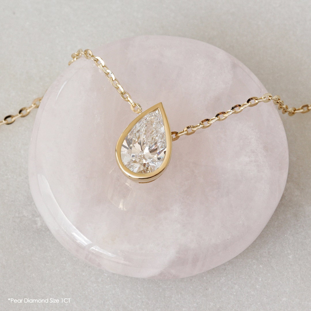 1CT Pear Shape Bezel Set Solitaire Diamond Necklace. Charm Pendant 14K ...