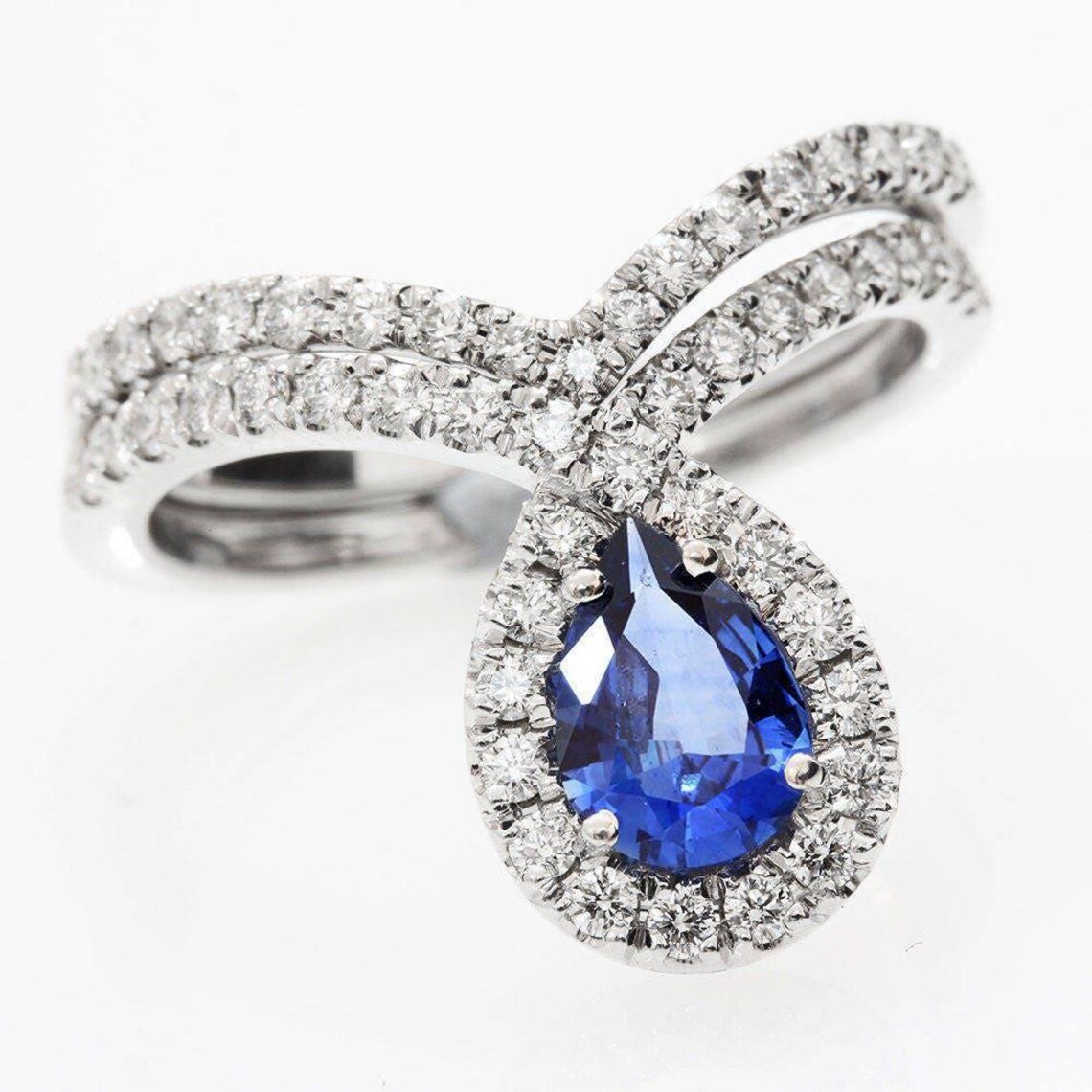 Natural Pear Blue Sapphire Engagement Ring Set, Diamond Halo, 14k Gold ...