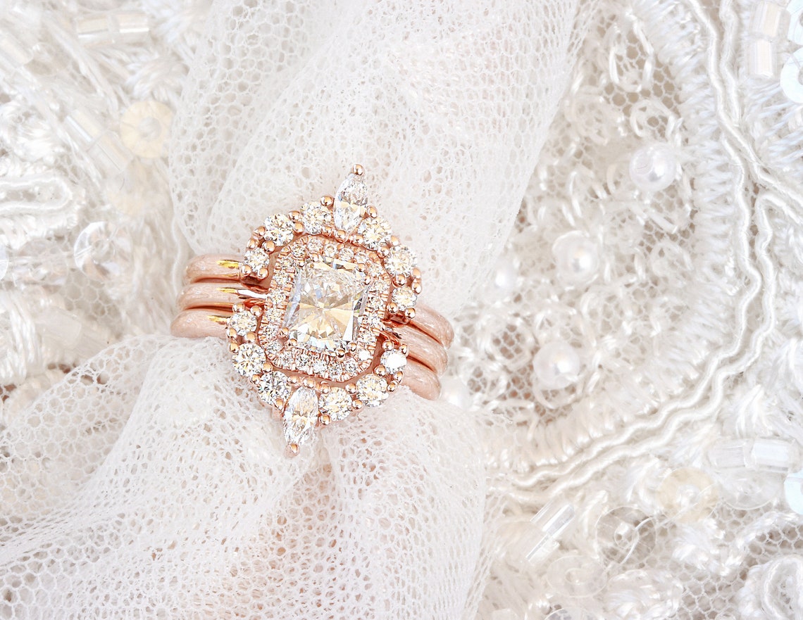 Radiant Rectangle Diamond Halo Unique Engagement Ring Square - Etsy