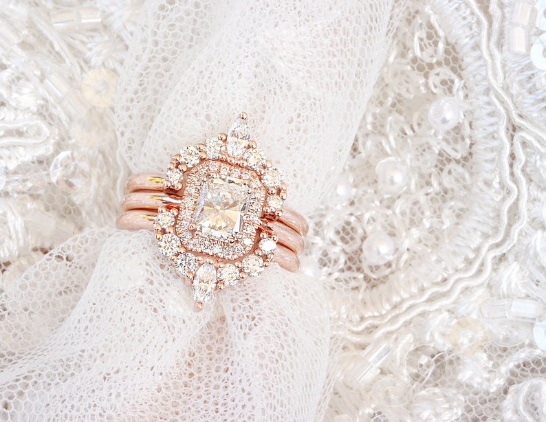 Radiant Rectangle Diamond Halo Unique Engagement Ring Square - Etsy