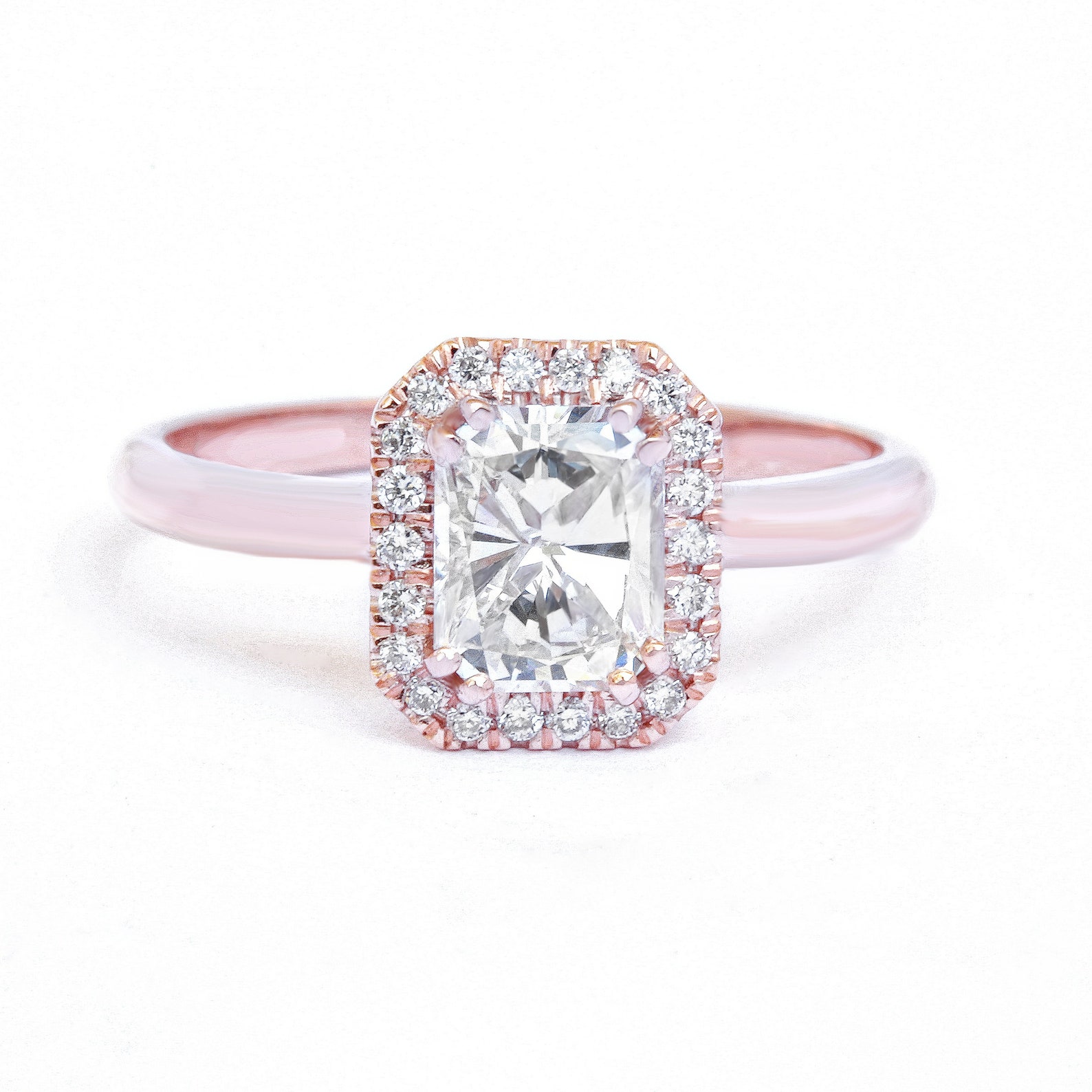 Radiant Rectangle Diamond Halo Unique Engagement Ring, Square Diamond ...