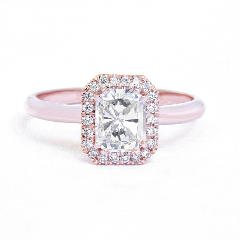 Radiant Rectangle Moissanite Halo Unique Engagement Ring - Etsy