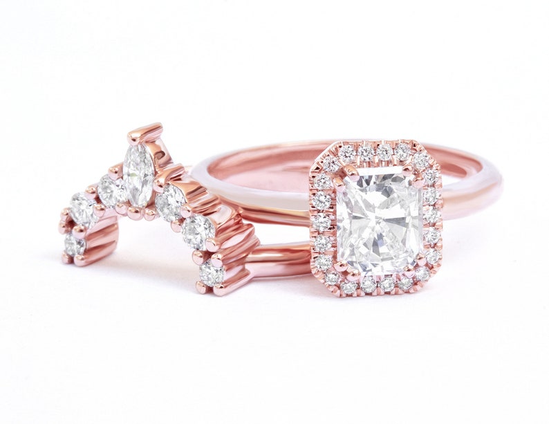 Radiant Rectangle Diamond Halo Unique Engagement Ring Square - Etsy