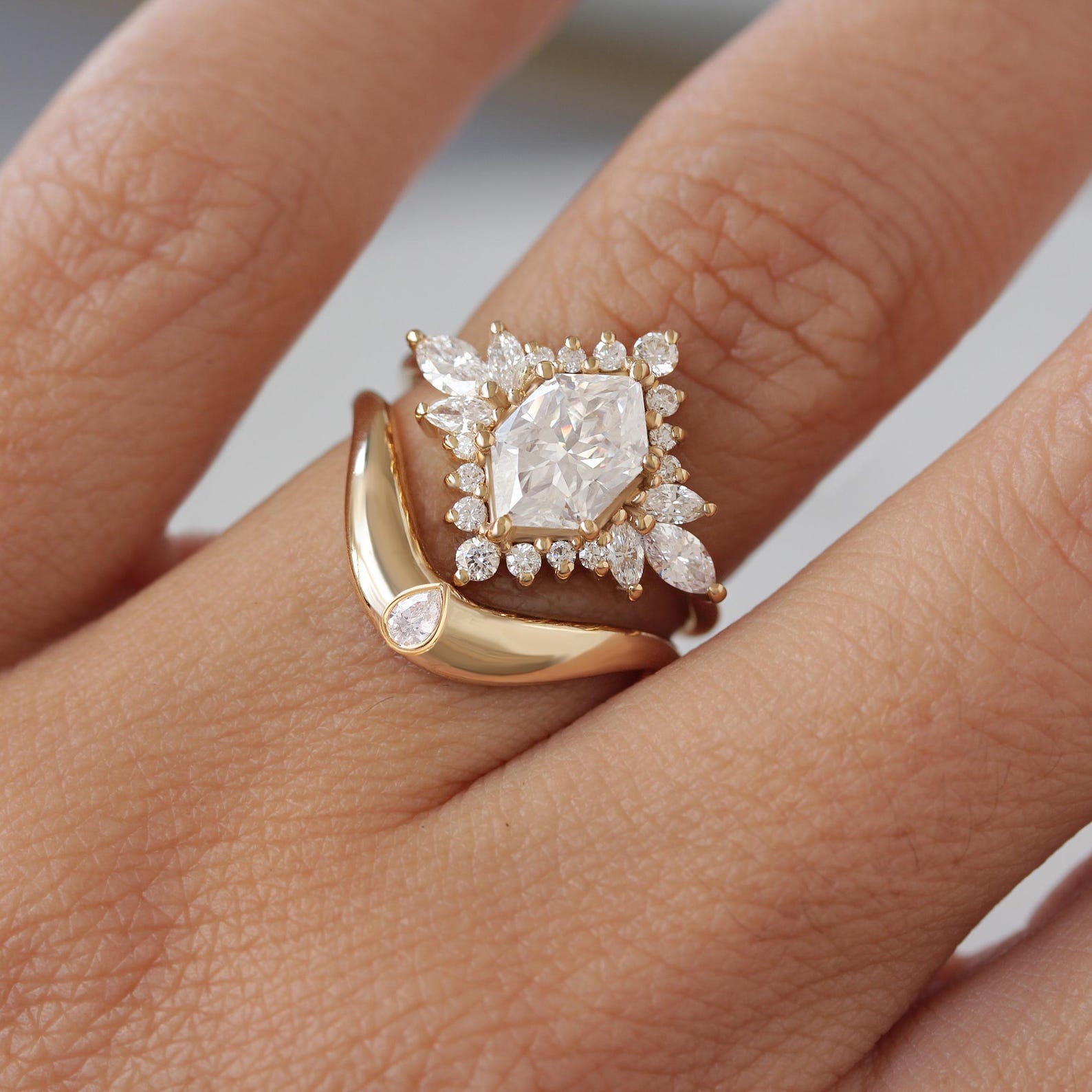 Chunky Gold Curve Pear Diamond Bezel Set Ring, Statement Wedding Ring ...