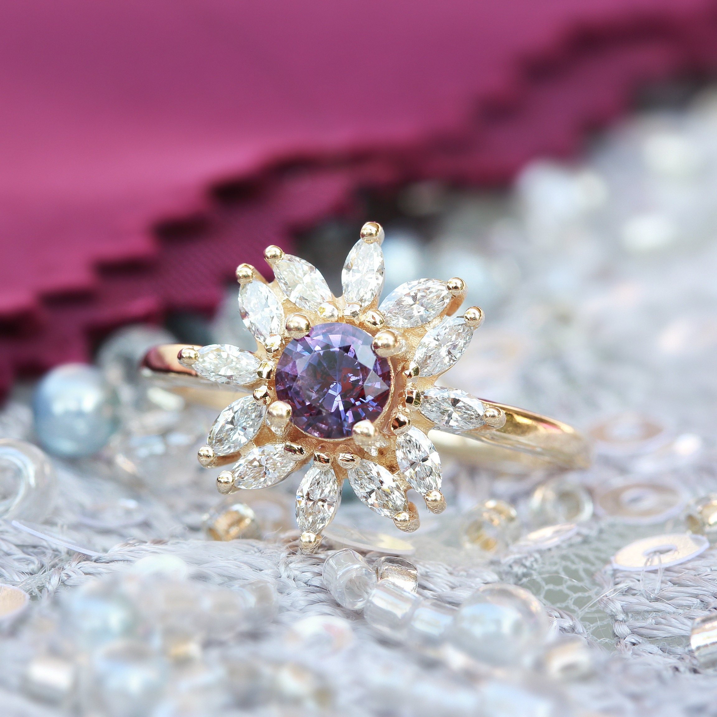 Round Lavender Sapphire & Diamonds, Unique Art Deco Engagement Ring ...
