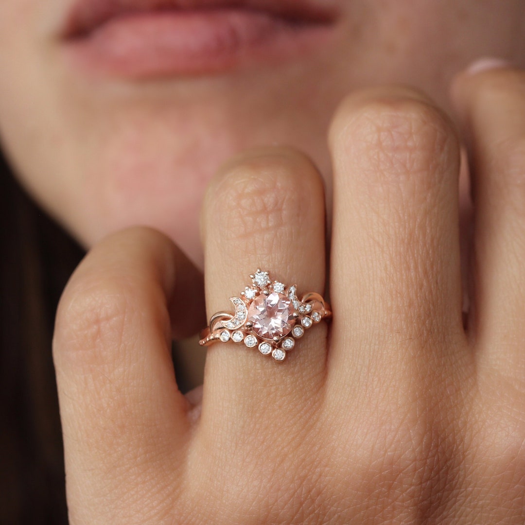 Morganite and Diamonds Moons and Stars Celestial Engagement Ring ...
