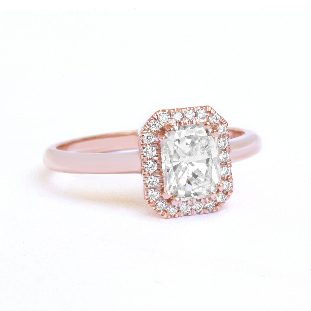 Radiant Rectangle Diamond Halo Unique Engagement Ring Square - Etsy