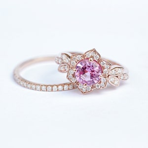 Natural 1.15ct Pink Sapphire & Diamond Unique Floral Engagement Ring ...