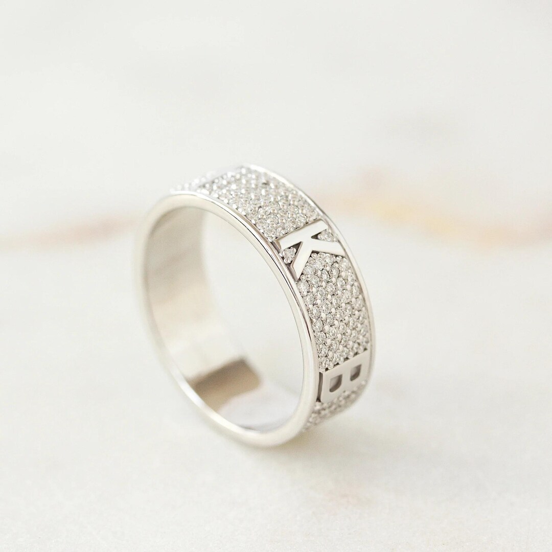 Men's Diamond Initial Ring: 14K Gold 7mm Wide Band Custom Pave Name - Etsy