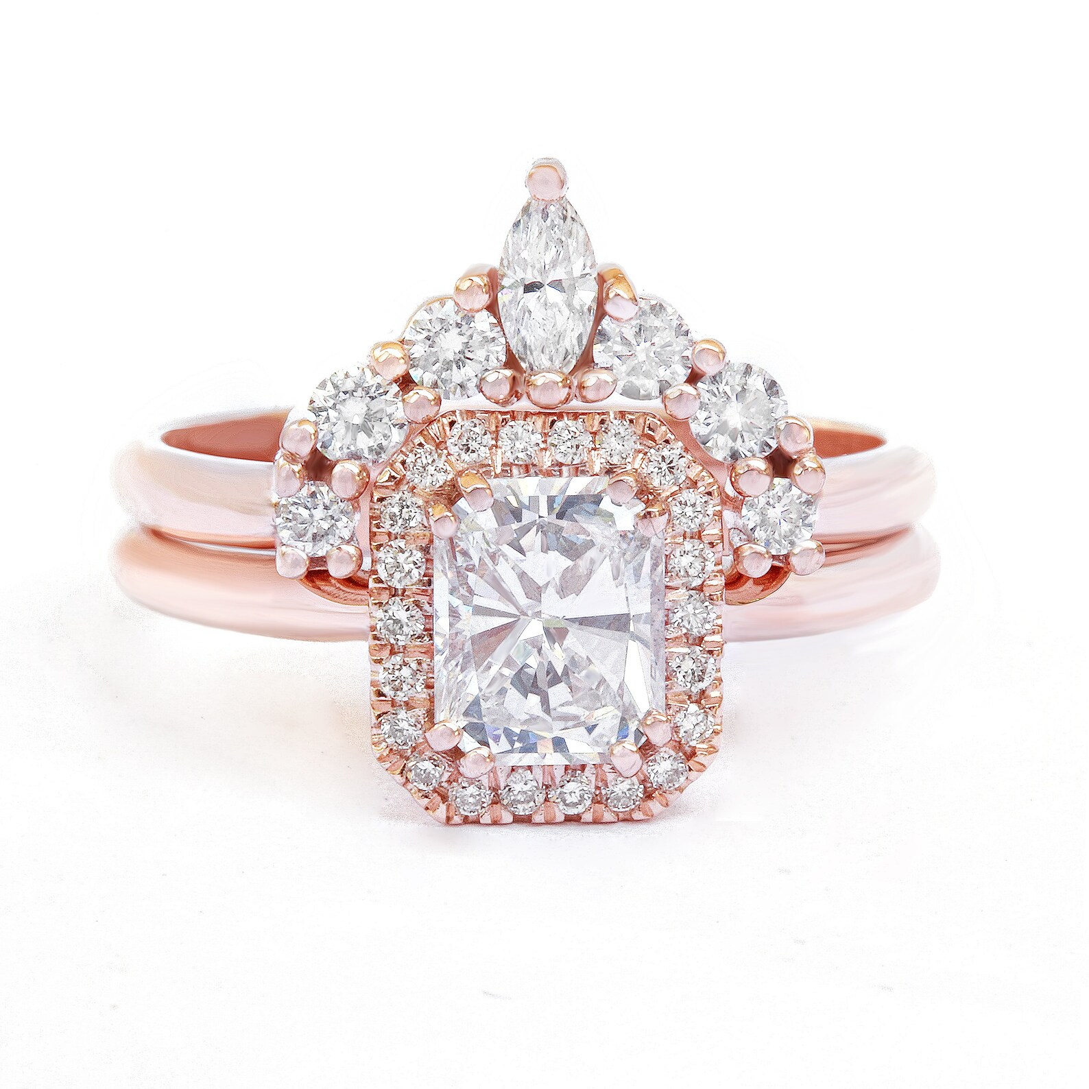 Radiant Rectangle Diamond Halo Unique Engagement Ring, Square Diamond ...