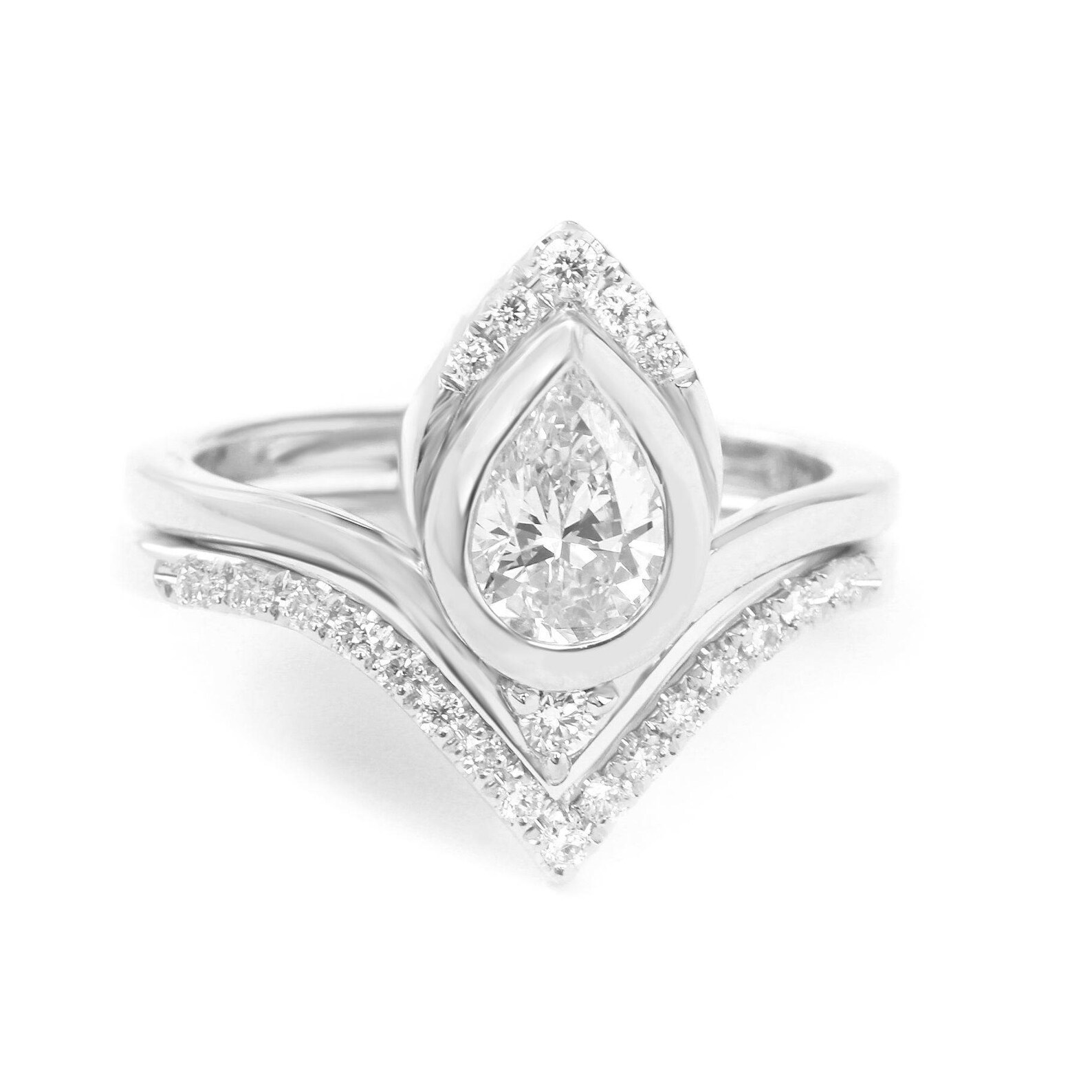Pear Diamond Wedding Rings Set, Unique Engagement Ring & Chevron V ...