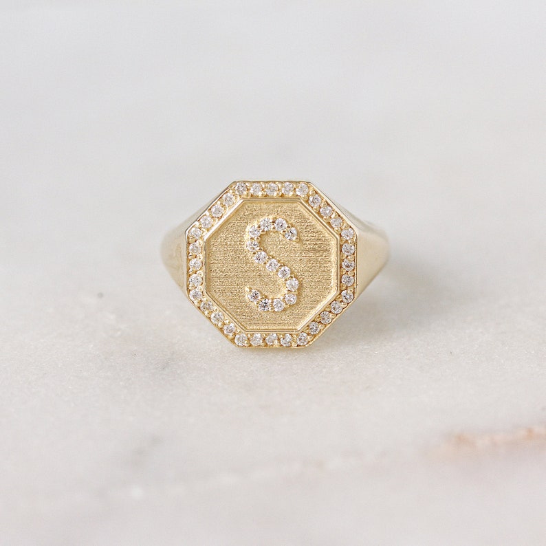 Personalized Diamond Initial Signet Ring | 14K Solid Gold | Octagon ...