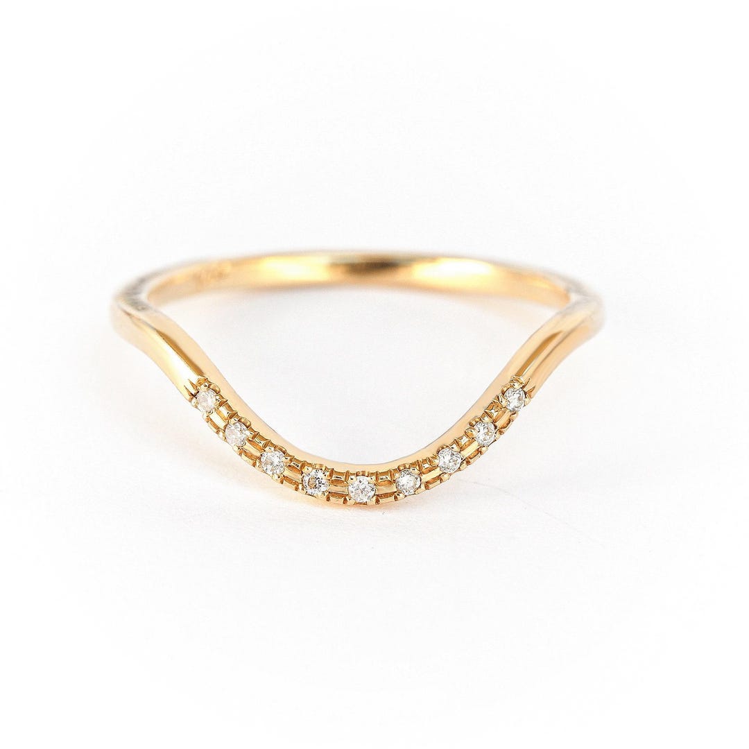 Curved Delicate Diamond Ring, Unique Diamond Wedding Ring - 14K Yellow ...