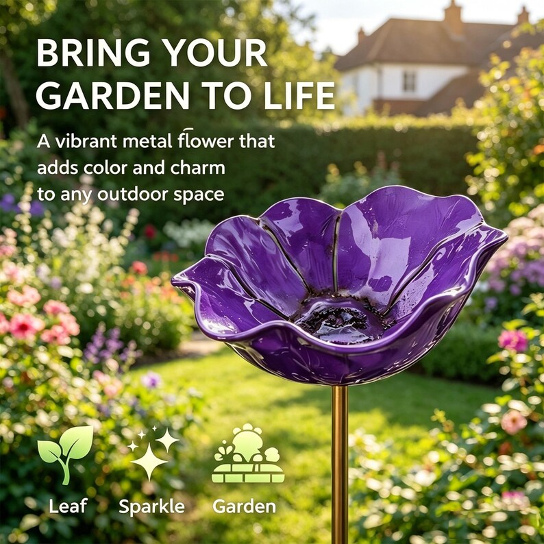 Poppy Flower Bird Bath Stake, Metal Garden Decor, Bee Butterfly Water ...