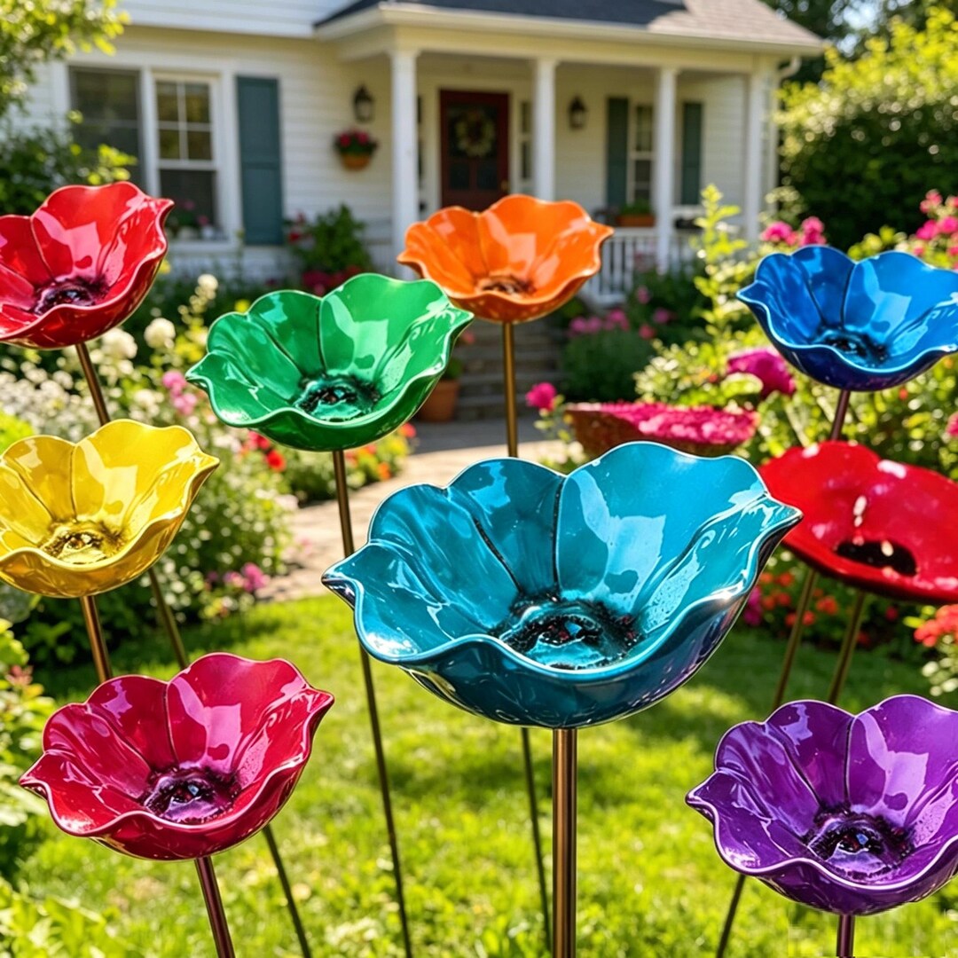 Poppy Flower Bird Bath Stake, Metal Garden Decor, Bee Butterfly Water ...