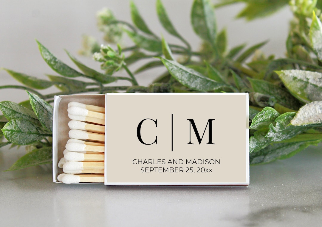 Personalized Wedding Matchbox Favors: Elegant Monogram, Custom Colors ...