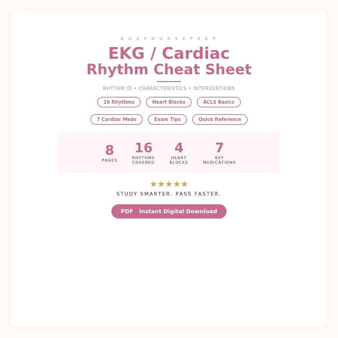 EKG Cheat Sheet | Cardiac Rhythm Interpretation Guide | Nursing Study ...