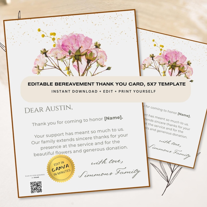 Editable Bereavement Thank You Card, 5x7 Floral Template (instant ...
