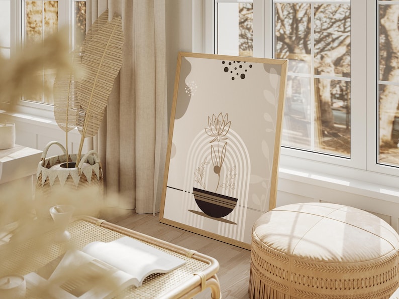 Boho Floral Triptych Wall Art | Neutral Beige Line Art Set (digital ...