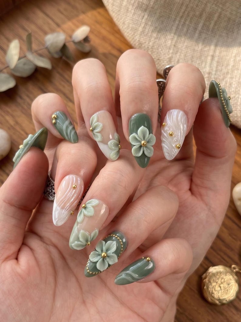 Sage Green Almond Press on Nails, 3D Floral Coquette Pearl Design ...