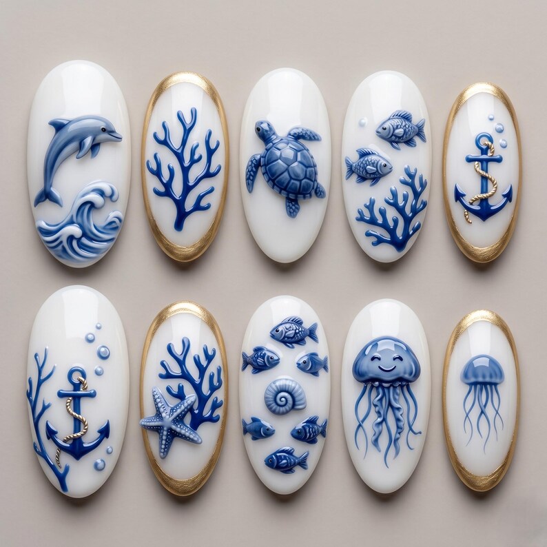 Blue White Porcelain Press on Nails: 3D Ocean Chinoiserie Sea Life (set ...
