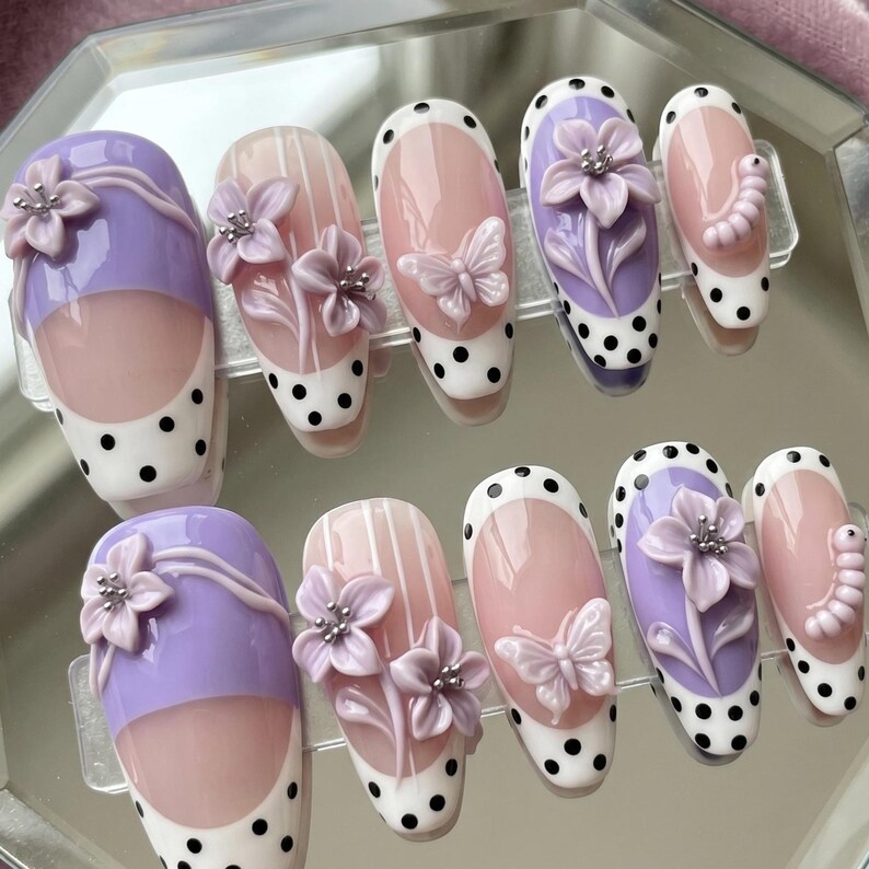3D Flower Butterfly Press on Nails | Lavender Pink Pastel Floral False ...