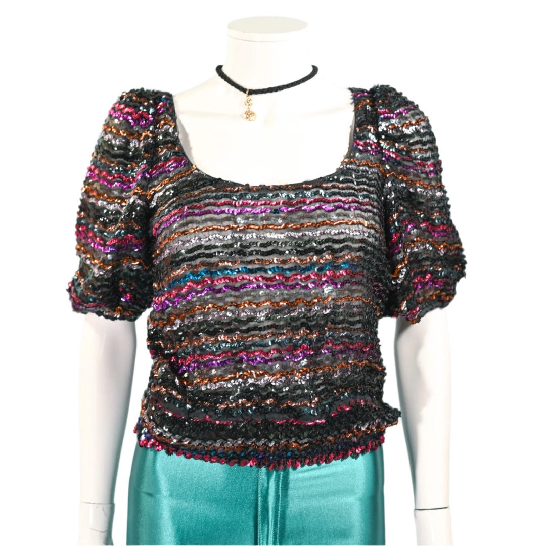 Vintage 70s Sparkle Sequin Disco Top, Puff Sleeves S - Etsy