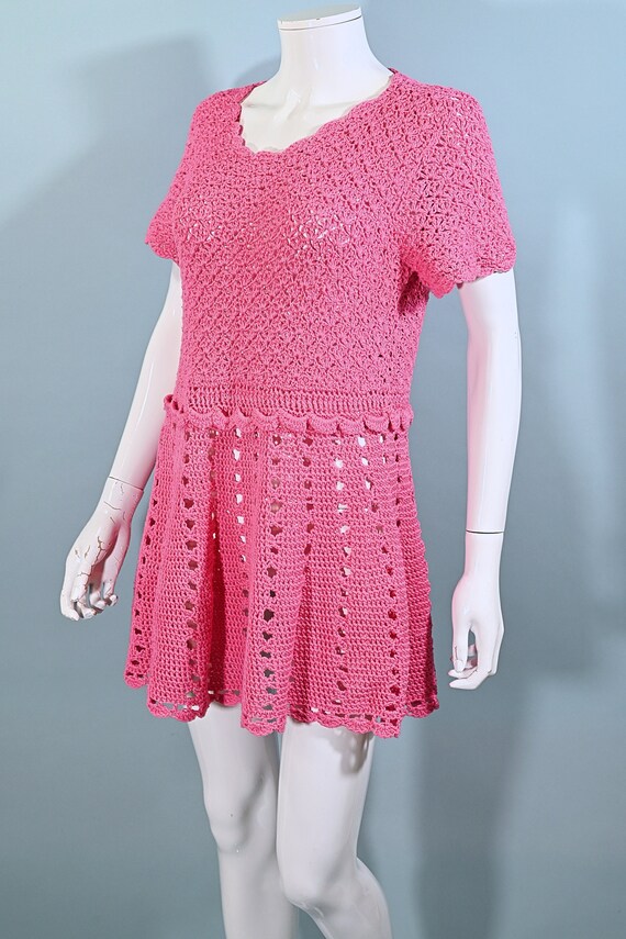 Vintage Hot Pink Crochet Mini Dress, Mod Knit Dress M - Gem