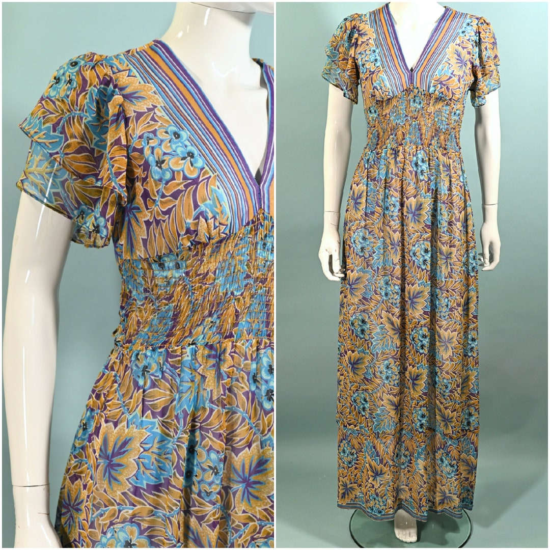 Vintage 60s/70s Flutter Sleeve Maxi Dress, XS - Etsy