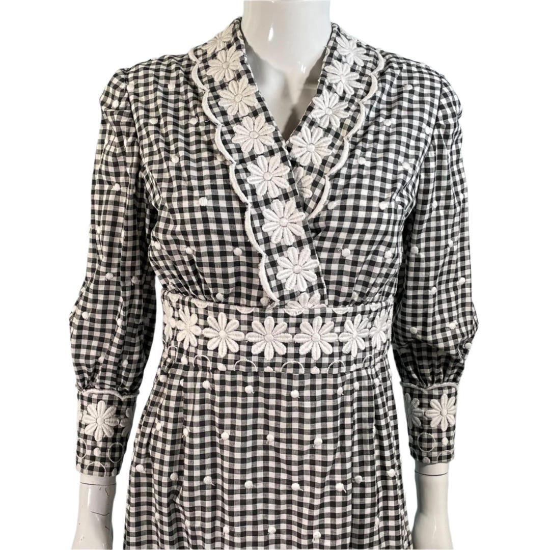 60s Gingham Check Dress: Embroidered Black & White Mod Style - Etsy
