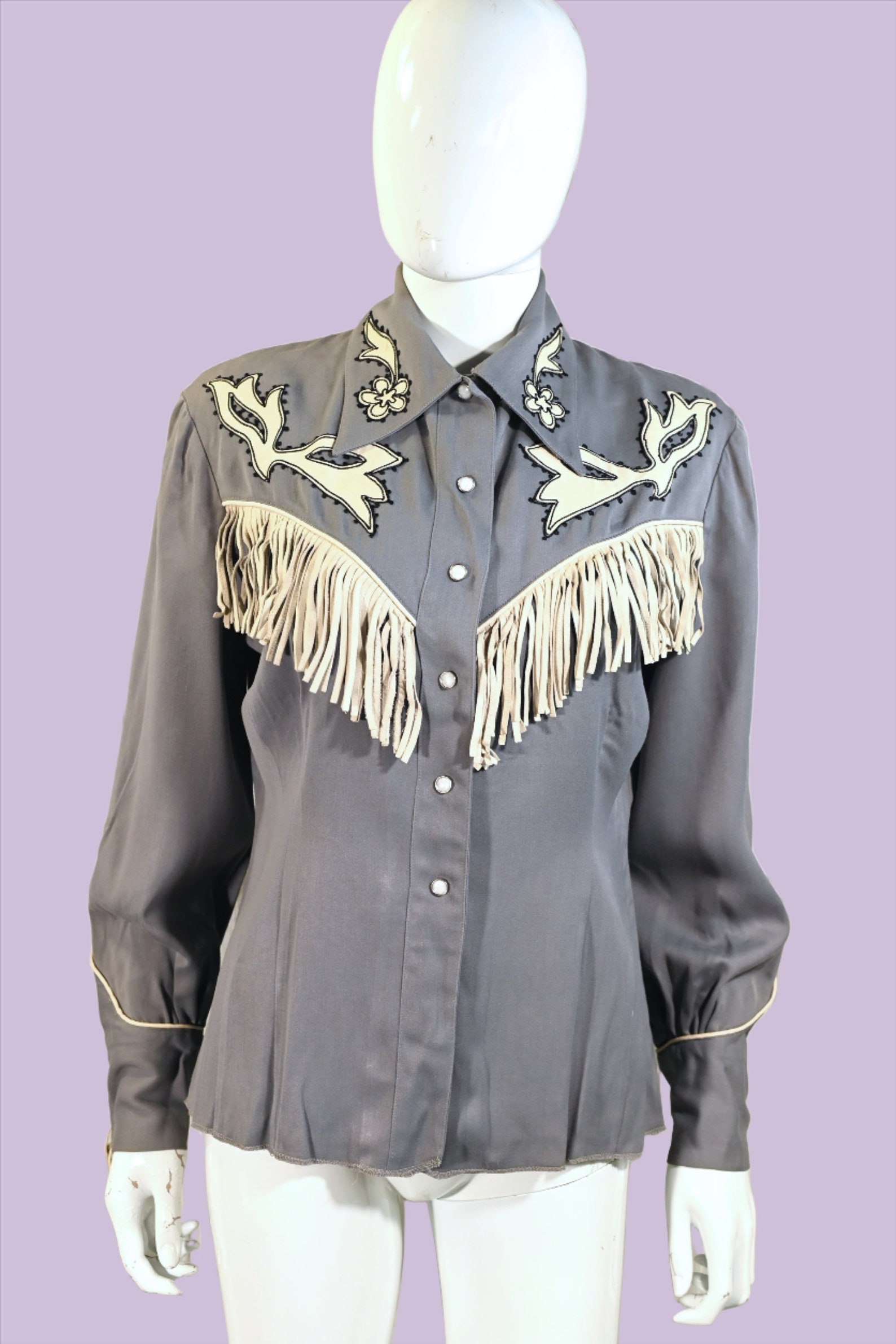 Vintage 40s Gray Wool & Leather Fringe Western Shirt, Women's ...