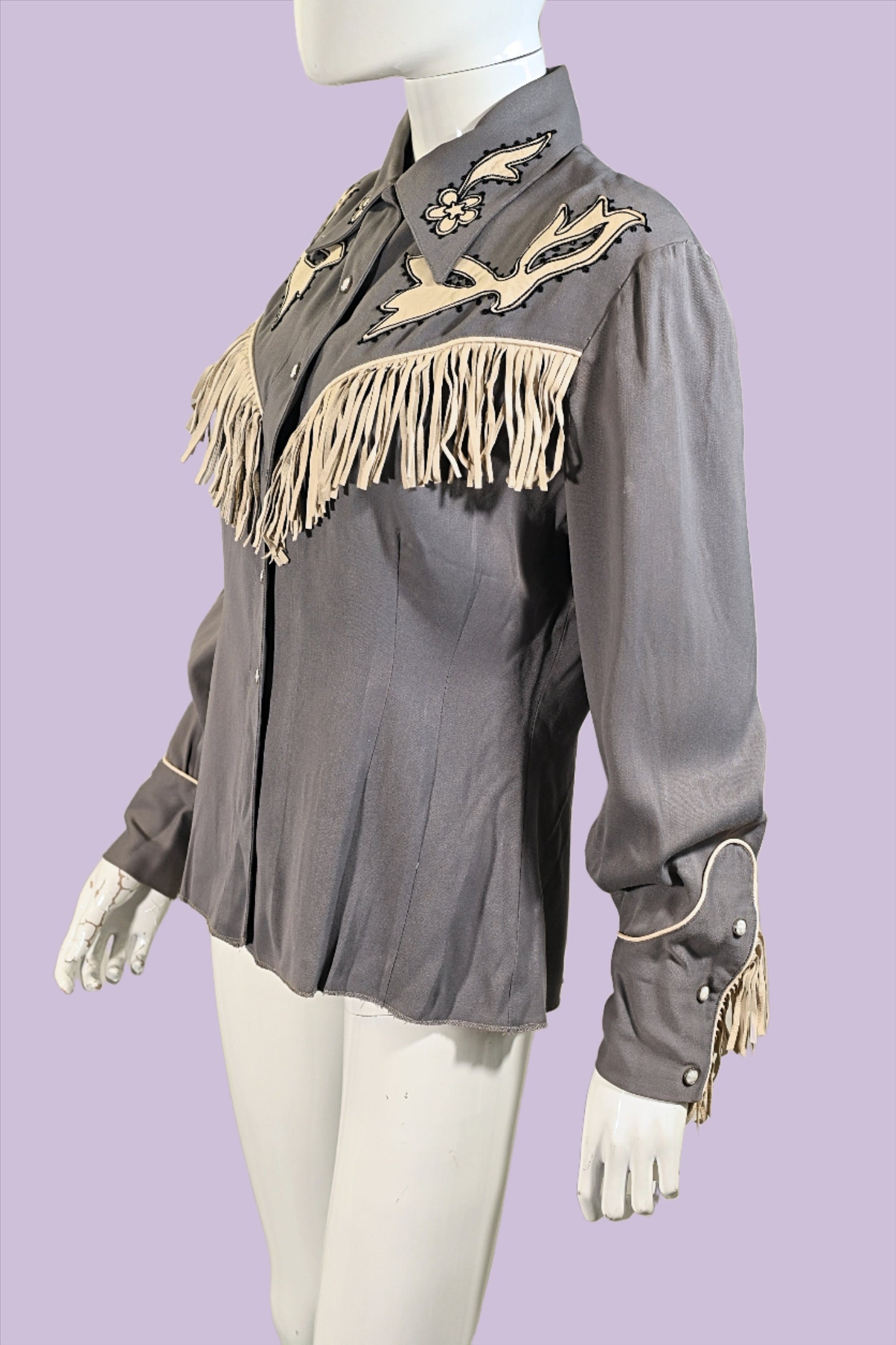 Vintage 40s Gray Wool & Leather Fringe Western Shirt, Women's ...