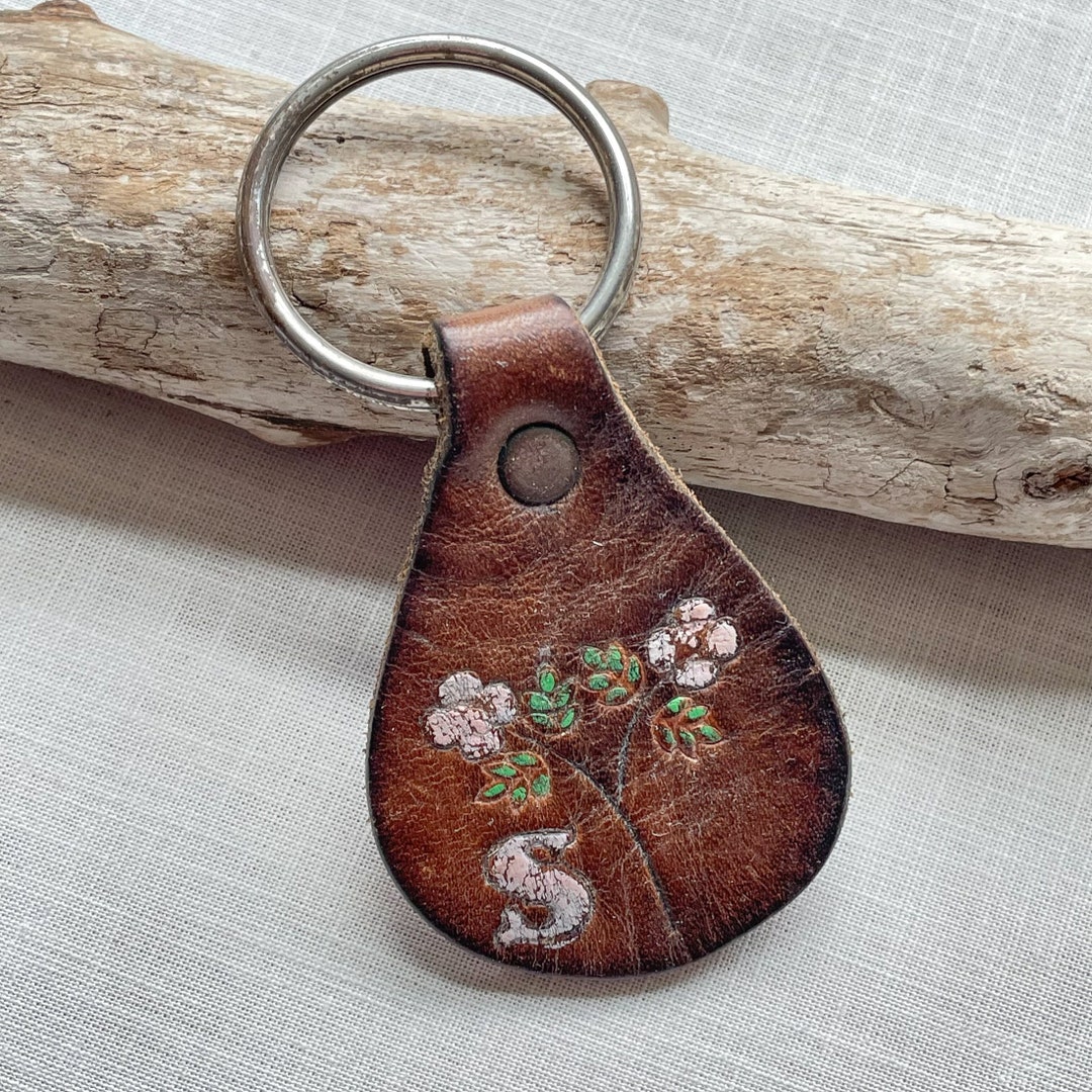 Vintage 60s/70s Tooled/painted Leather Key Fob, Hippie Boho Handmade ...