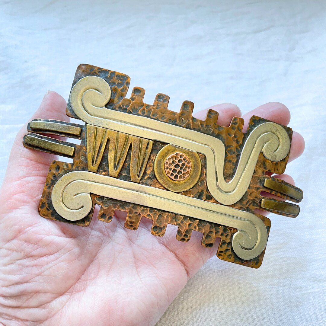 Vintage Maya Mexico Belt Buckle, Hammered Copper Mixed Metal, Mexican ...