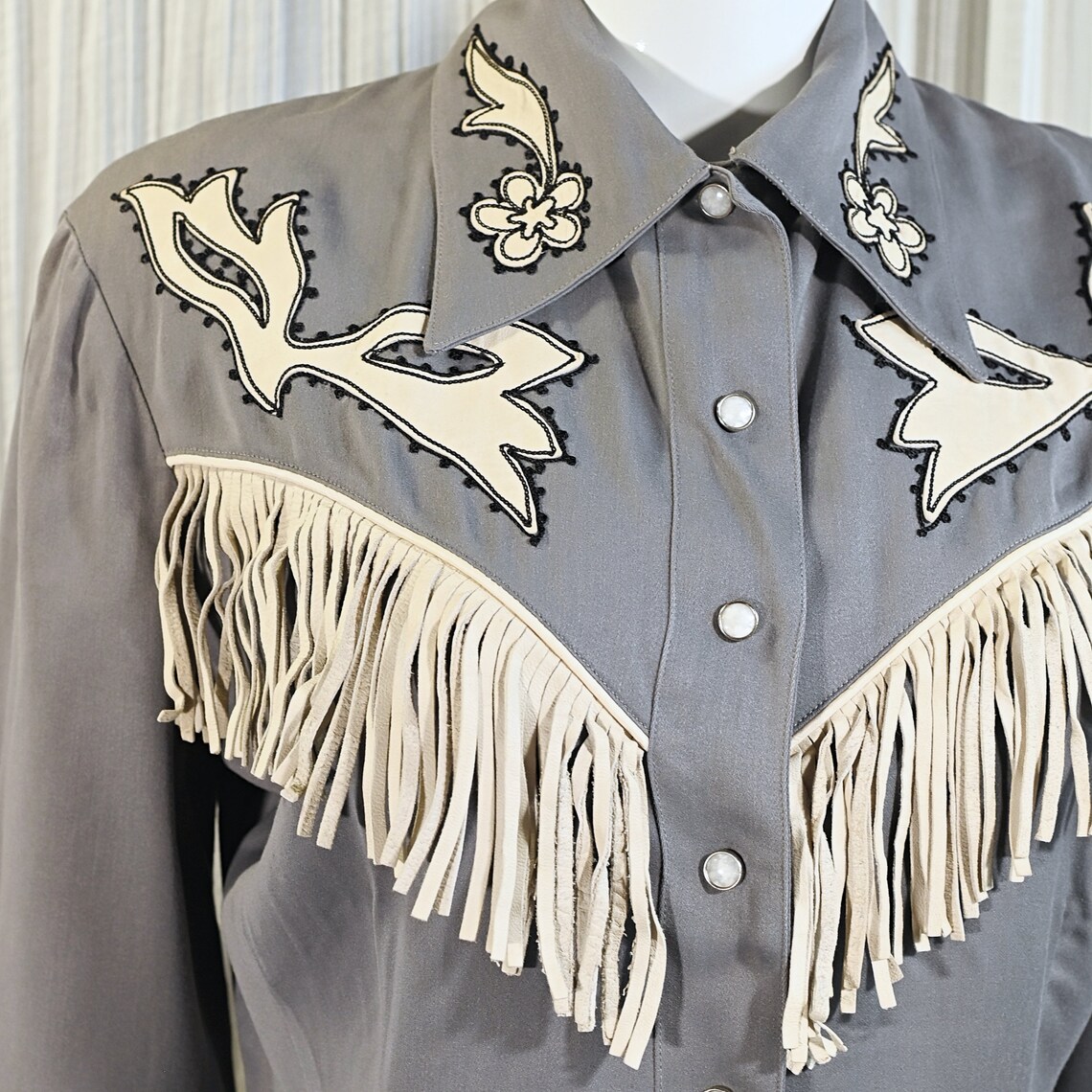Vintage 40s Gray Wool & Leather Fringe Western Shirt, Women's ...
