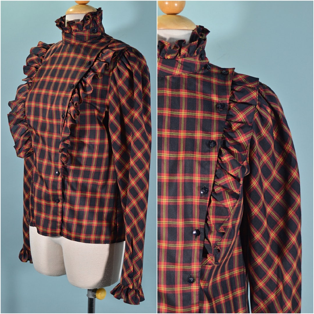 Vintage Prairie Blouse, Cottagecore Plaid Ruffled Top, Fall Halloween ...