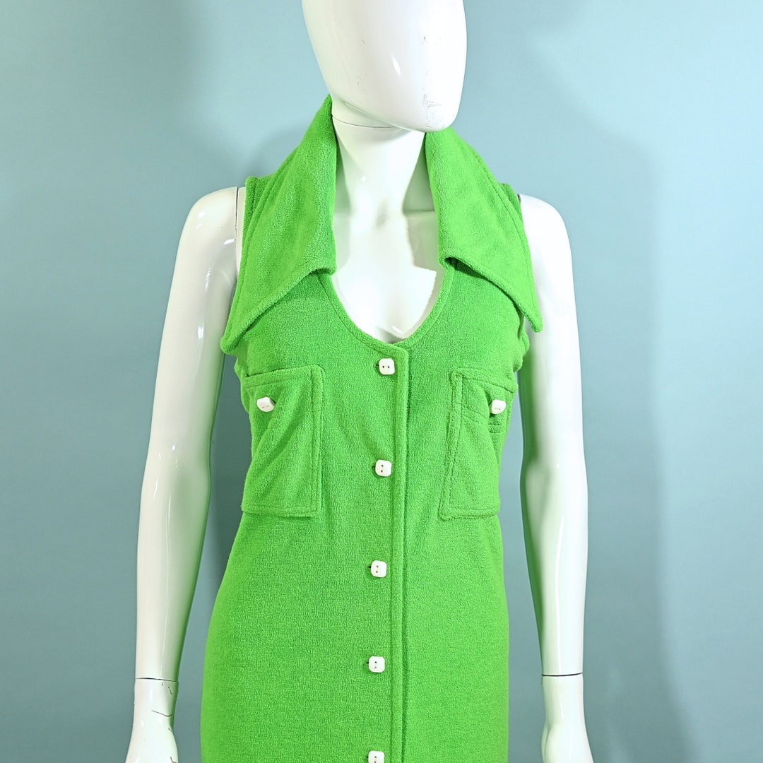 Vintage 70s Lime Green Terry Cloth Coverup, 60s Loungewear Chantel of ...