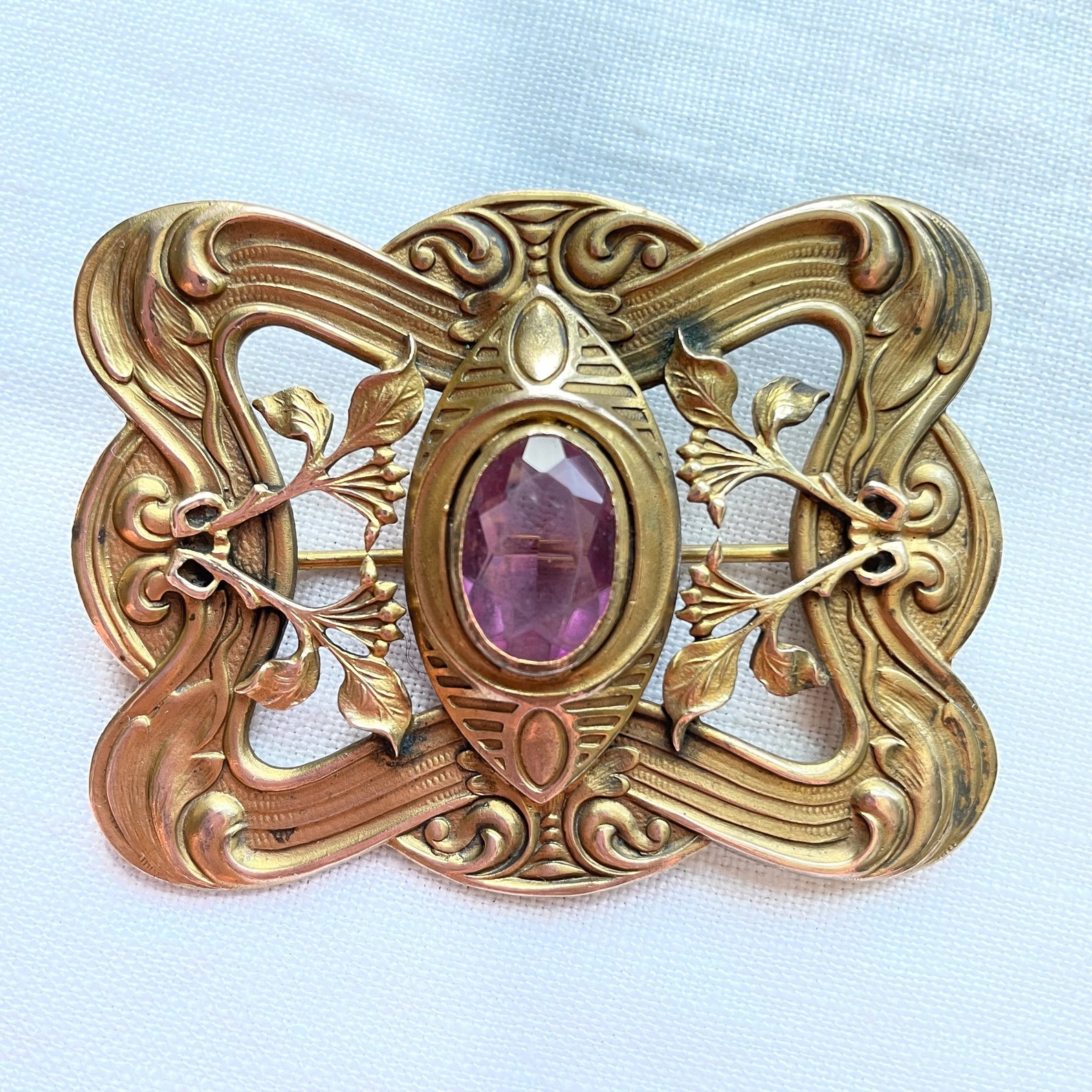 Vintage/antique Nouveau Brass Brooch Purple Glass Stone - Etsy
