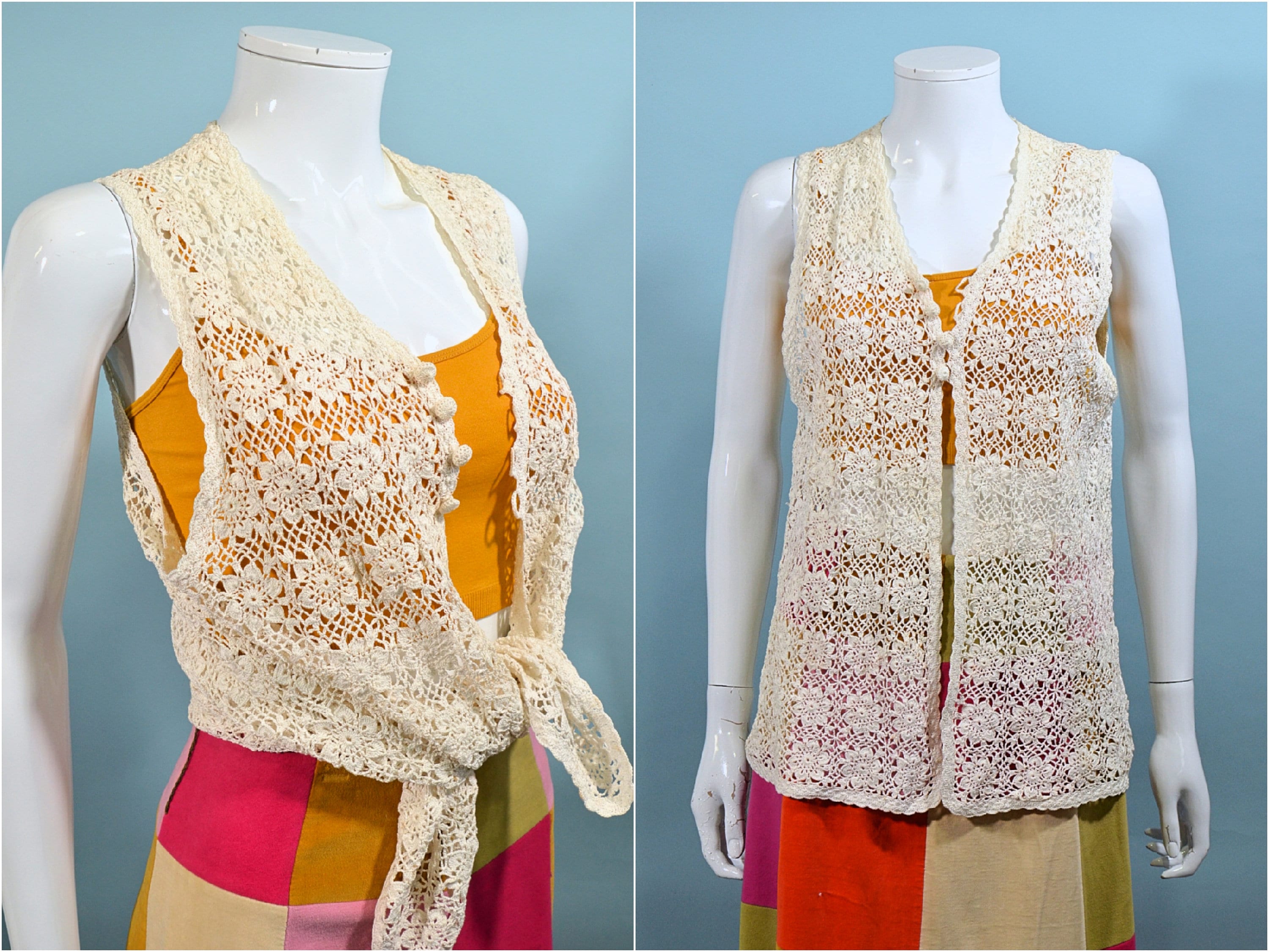 Vintage Mano Crochet Chaleco largo 60s/70s Hippie Cottagecore | Etsy