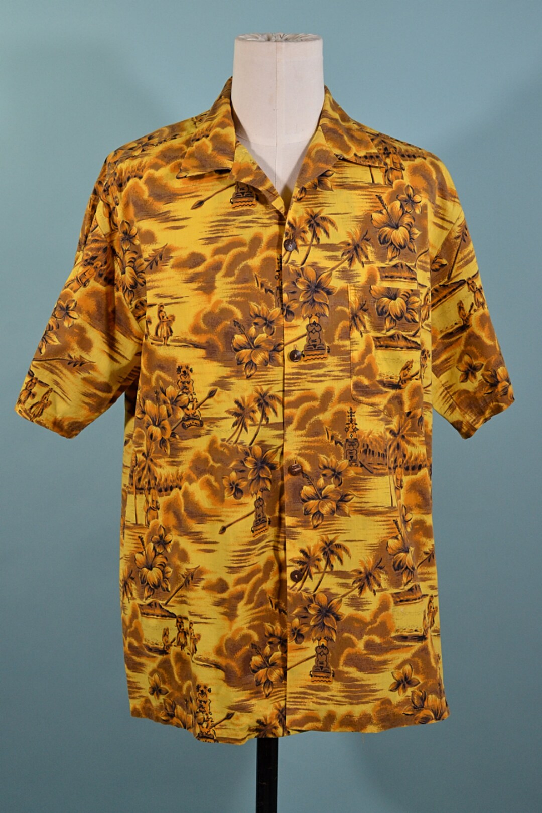 Vintage 50s/60s Hawaiian Aloha Shirt, Hula Dancers, Yellow Brown by ...